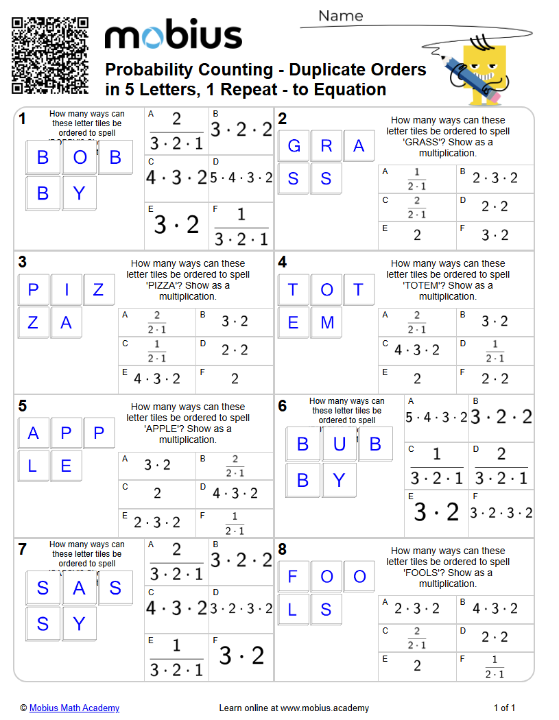 Duplicate Orders in 5 Letters, 1 Repeat - to Equation (Level 1 ...