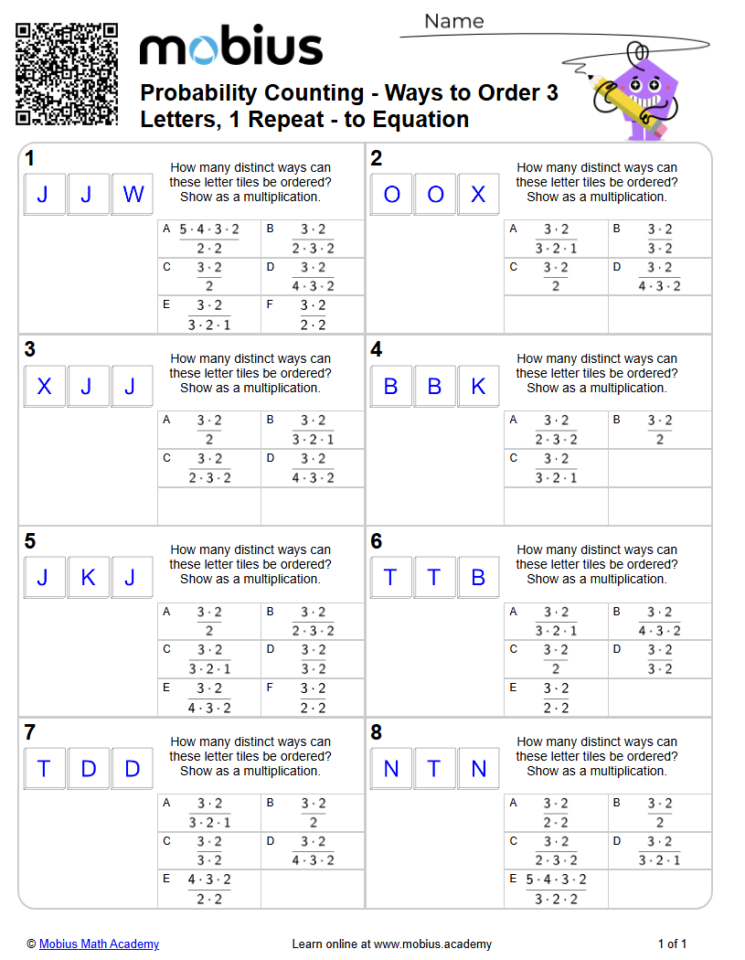 Probability Counting | Ways to Order 3 Letters, 1 Repeat - to Equation ...