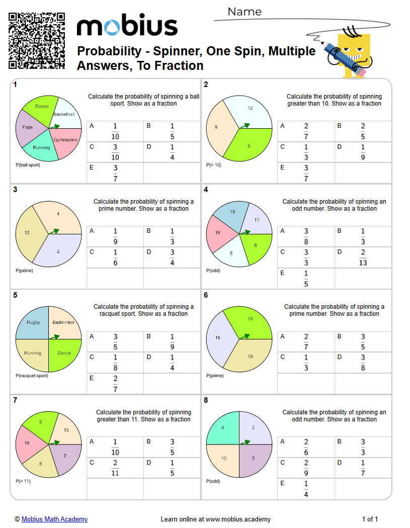 Probability - Spinner, One Spin, Multiple Answers, To Fraction (Level 1 ...