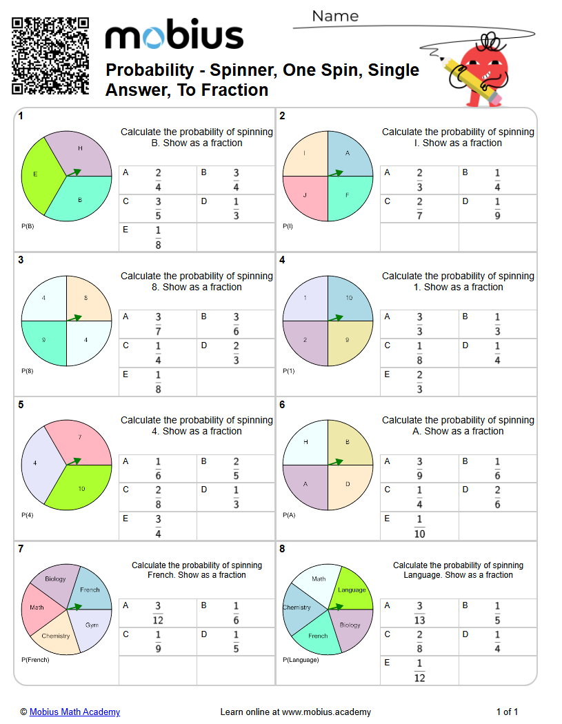 Probability | Spinner, One Spin, Single Answer, To Fraction (Level 1 ...