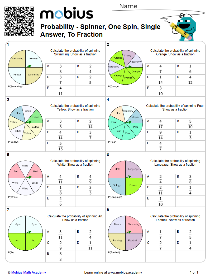 Probability | Spinner, One Spin, Single Answer, To Fraction (Level 2 ...