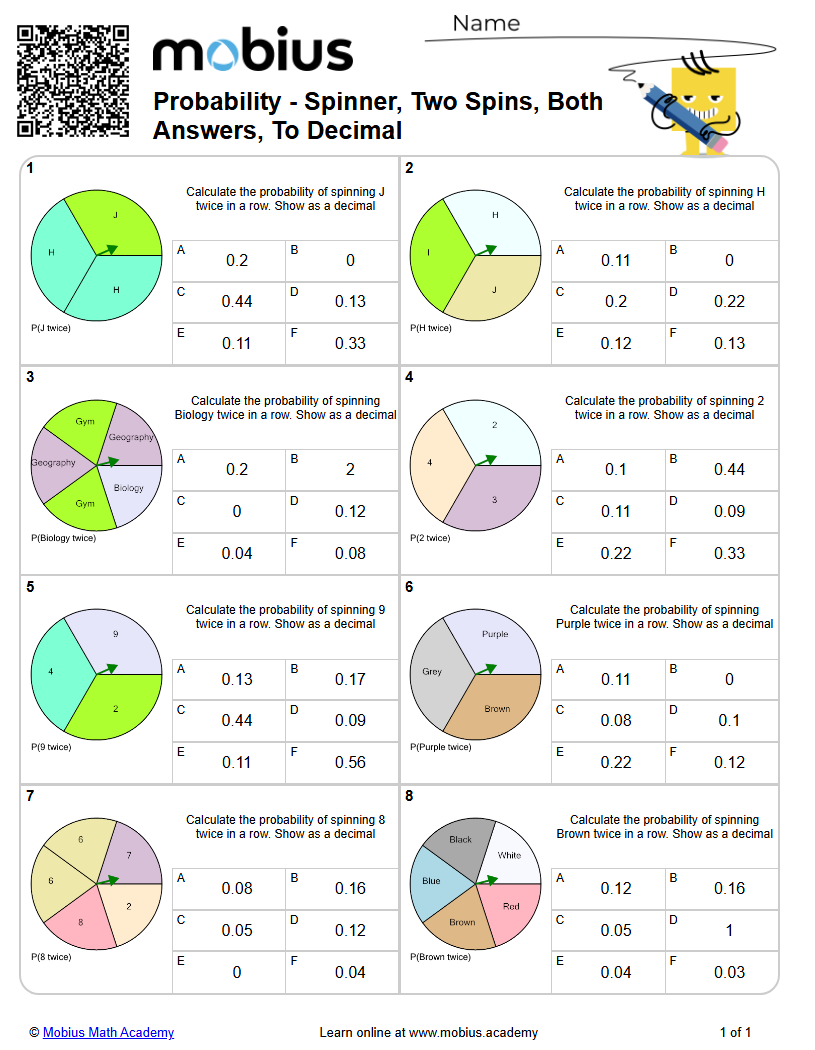 Probability - Spinner, Two Spins, Both Answers, To Decimal (Level 1 ...