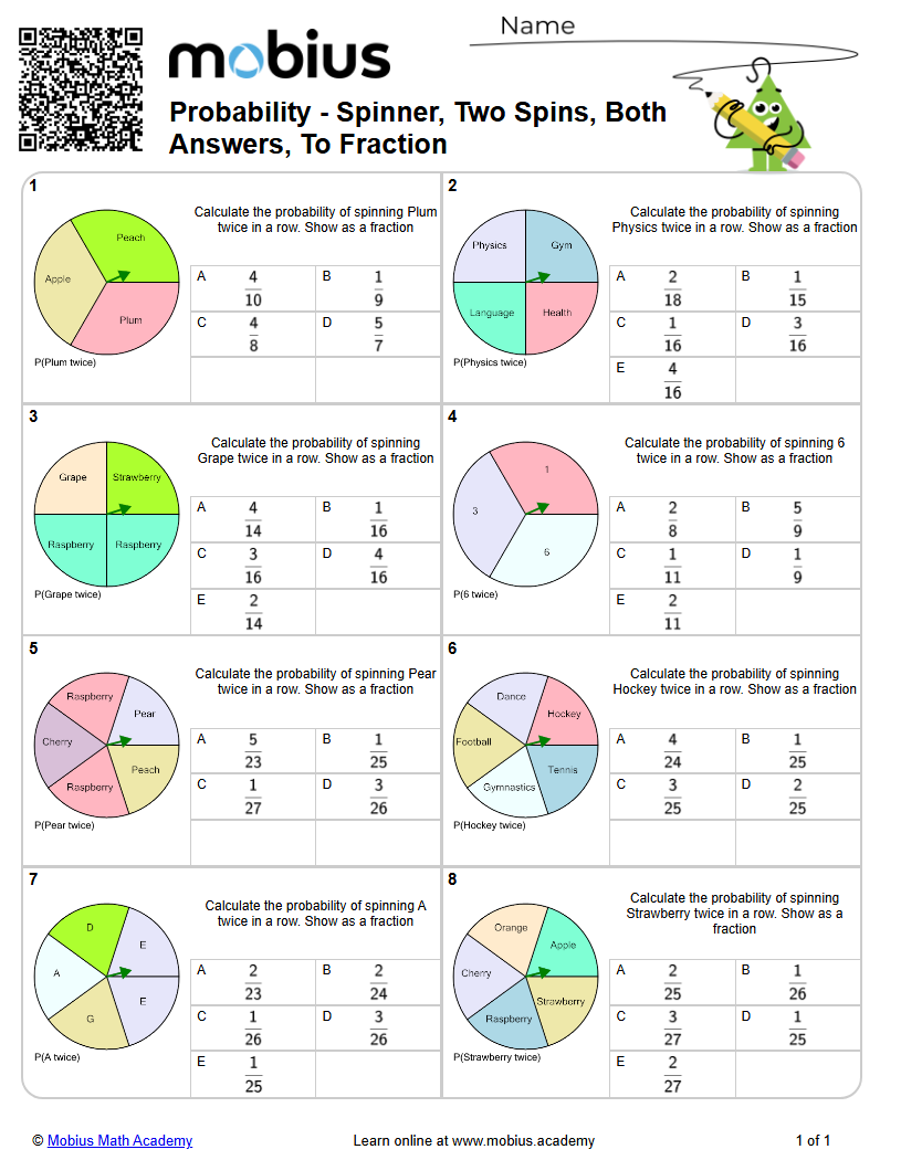 Probability | Spinner, Two Spins, Both Answers, To Fraction (Level 1 ...