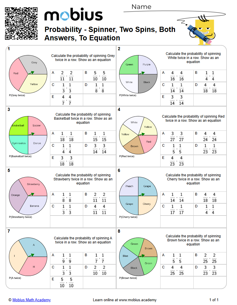 Spinner, Two Spins, Both Answers, To Equation (Level 1) | Probability ...