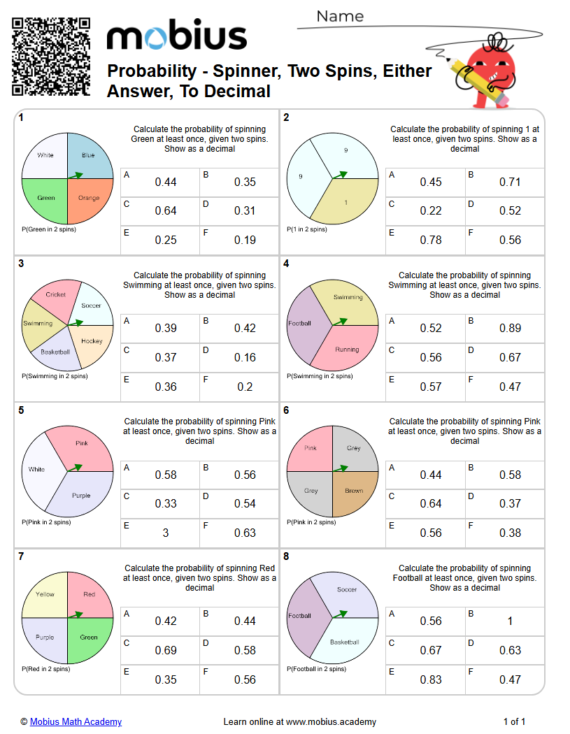 Spinner, Two Spins, Either Answer, To Decimal (Level 1) | Probability ...