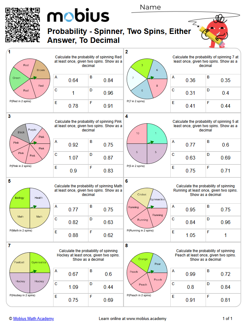 Probability - Spinner, Two Spins, Either Answer, To Decimal (Level 2 ...
