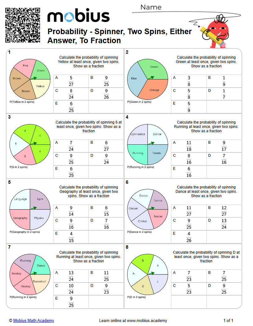 Probability - Spinner, Two Spins, Either Answer, To Fraction (Level 1 ...
