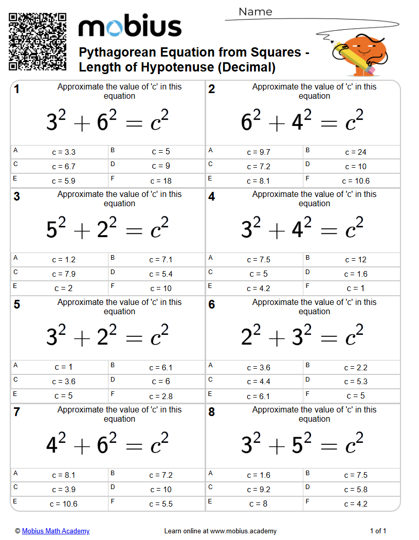 Level 1 | Pythagoras | Grade 9 Math Worksheets - Mobius Math Academy
