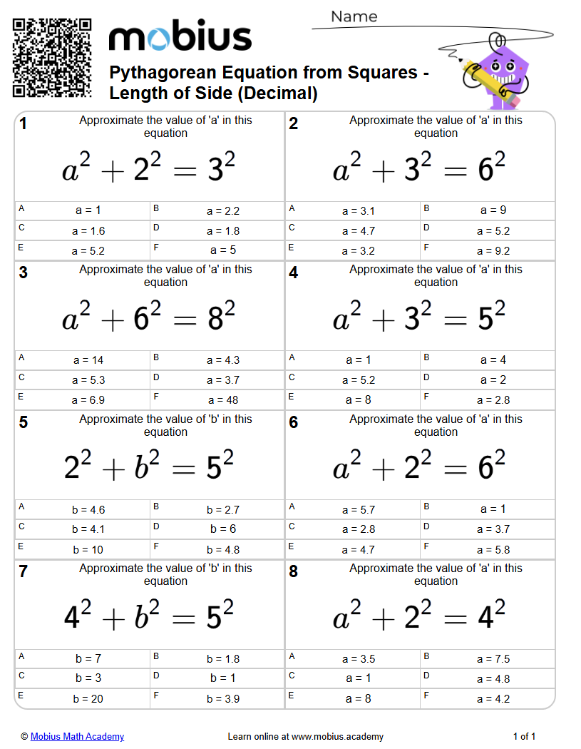 Level 1 | Pythagoras | Grade 9 Math Worksheets - Mobius Math Academy