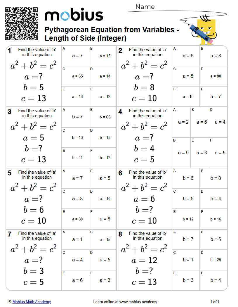 Pythagorean Equation from Variables - Length of Side (Integer) (Level 1 ...