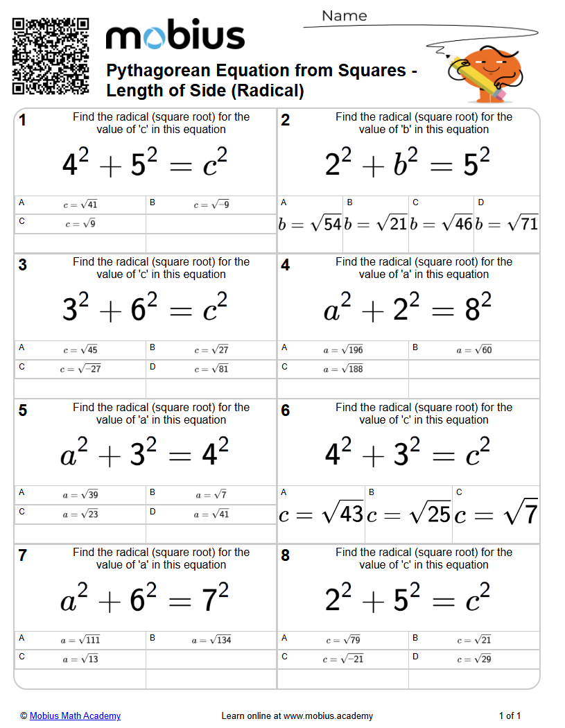 Pythagorean Equation from Squares - Length of Side (Radical) (Level 1 ...