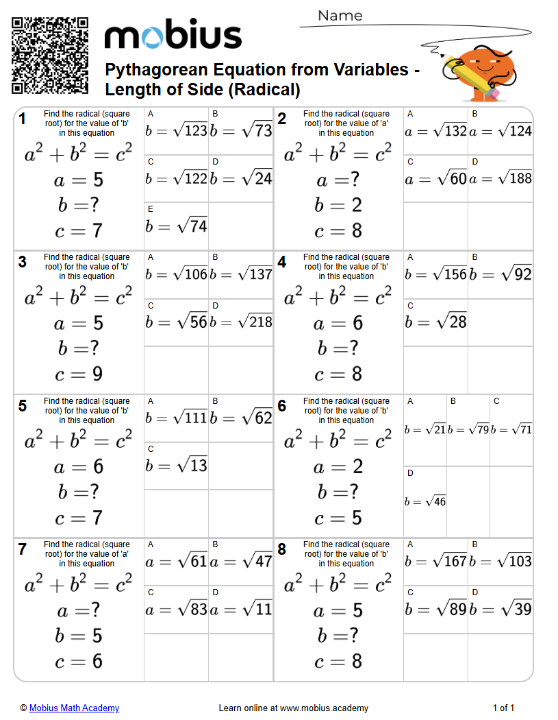 Pythagorean Equation from Variables - Length of Side (Radical) (Level 1 ...