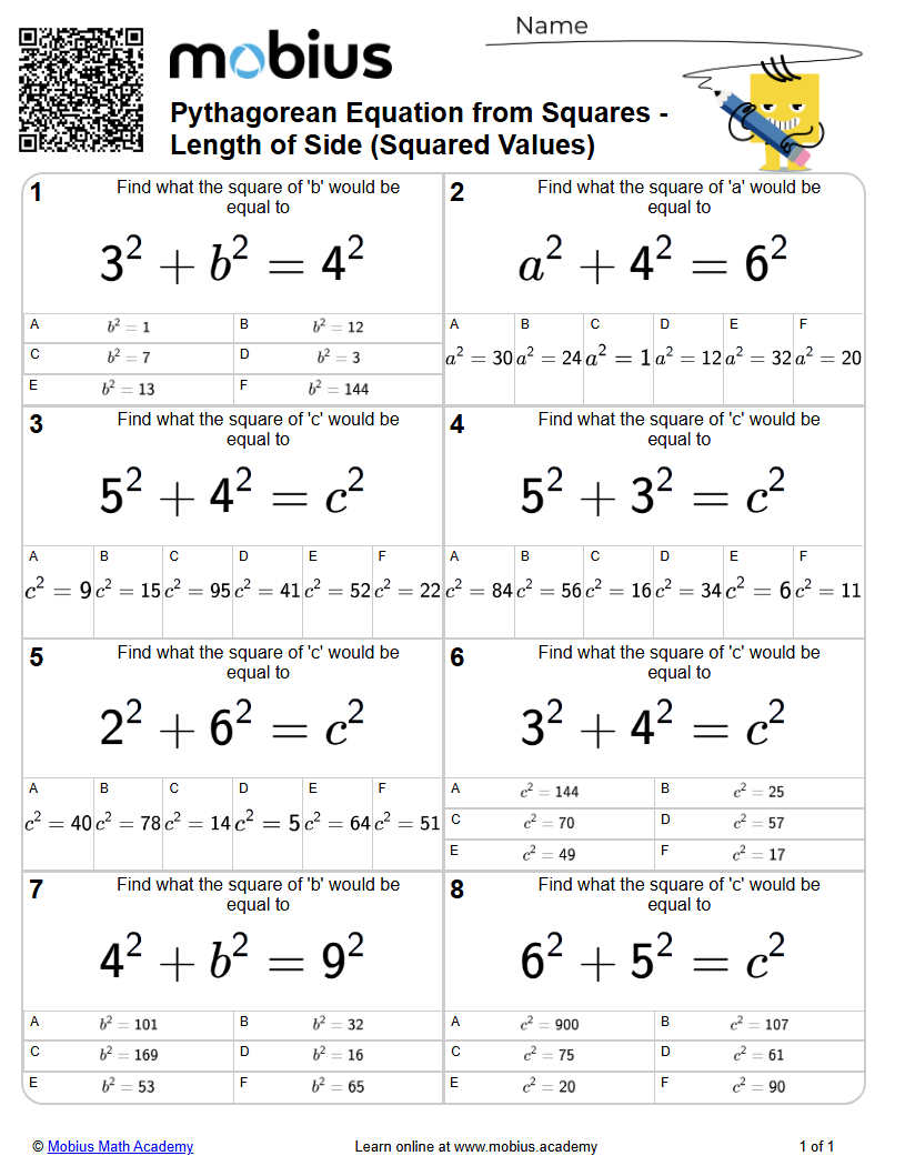Pythagorean Equation from Squares - Length of Side (Squared Values ...