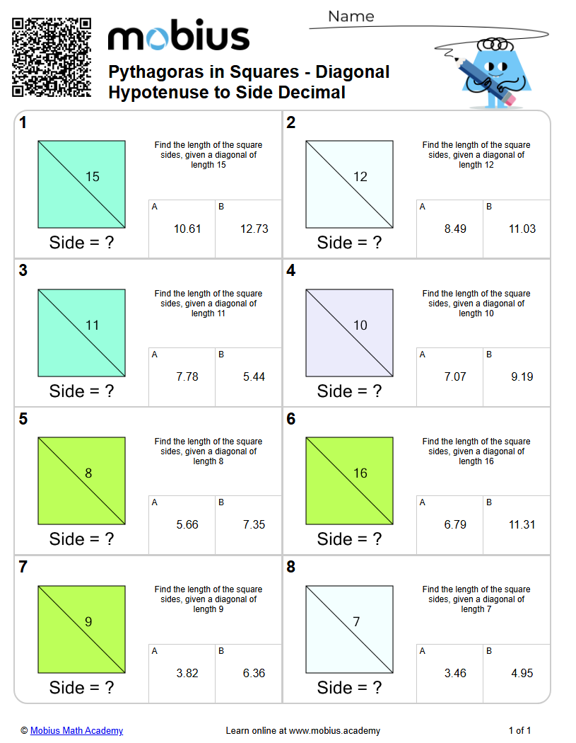 Pythagoras in Squares - Diagonal Hypotenuse to Side Decimal (Level 1 ...