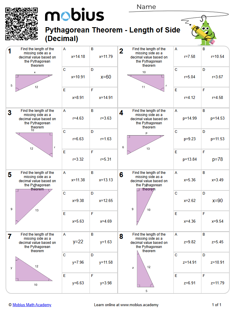 Pythagorean Theorem - Length of Side (Decimal) (Level 2) - Mobius Math ...