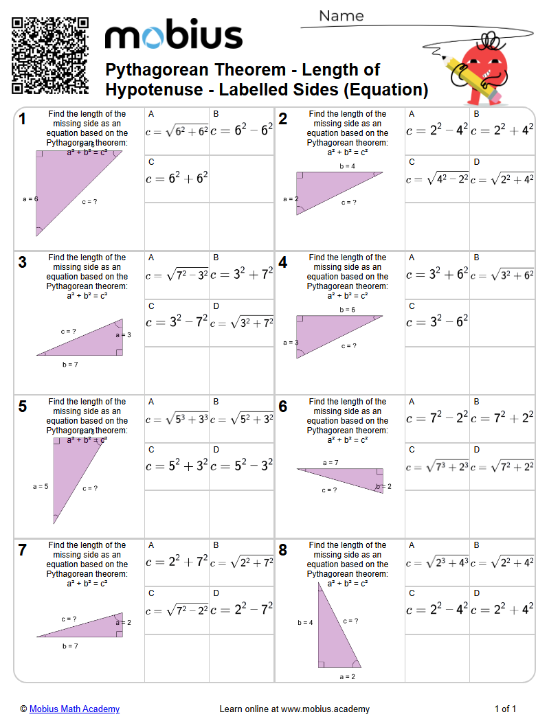 Pythagorean Theorem - Length of Hypotenuse - Labelled Sides (Equation ...