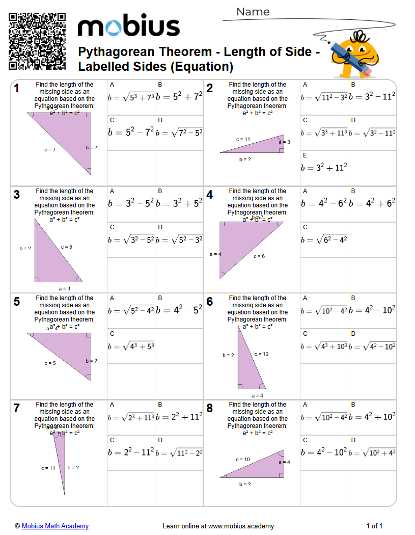 Pythagorean Theorem - Length of Side - Labelled Sides (Equation) (Level ...