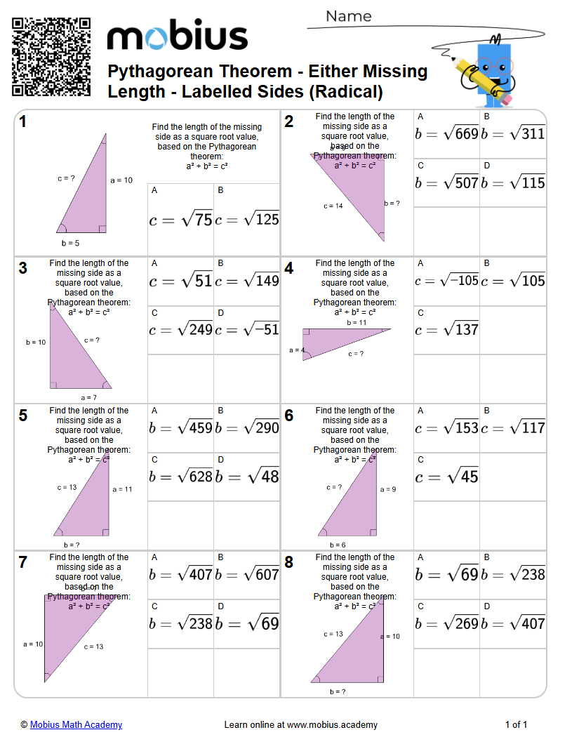 Either Missing Length - Labelled Sides (Radical) (Level 2) | Pythagoras ...
