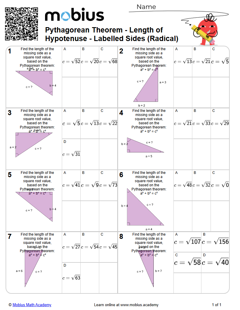 Pythagorean Theorem - Length of Hypotenuse - Labelled Sides (Radical ...