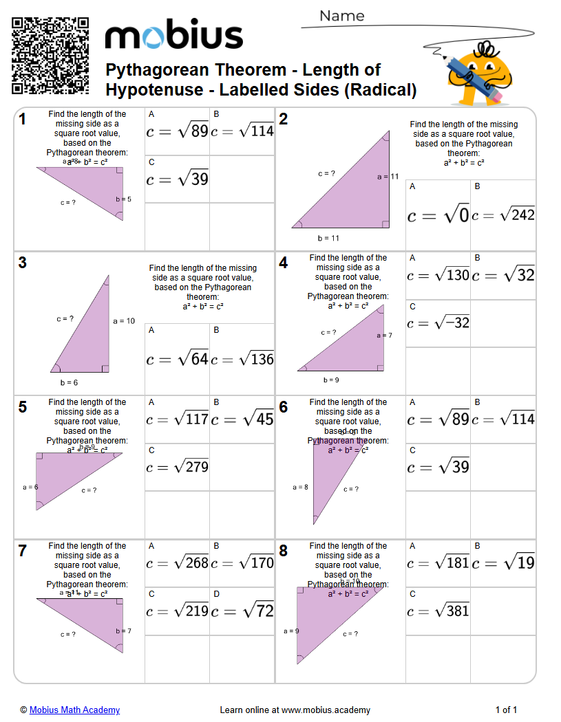 Pythagorean Theorem | Length of Hypotenuse - Labelled Sides (Radical ...