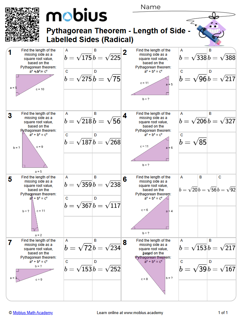 Pythagorean Theorem | Length of Side - Labelled Sides (Radical) (Level ...