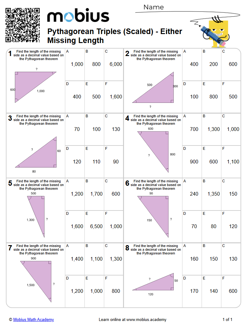 Pythagorean Triples (Scaled) - Either Missing Length (Level 1) - Mobius ...