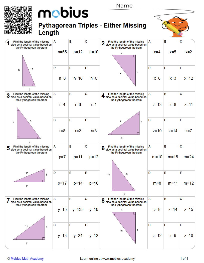 Pythagorean Triples - Either Missing Length (Level 1) - Mobius Math Academy