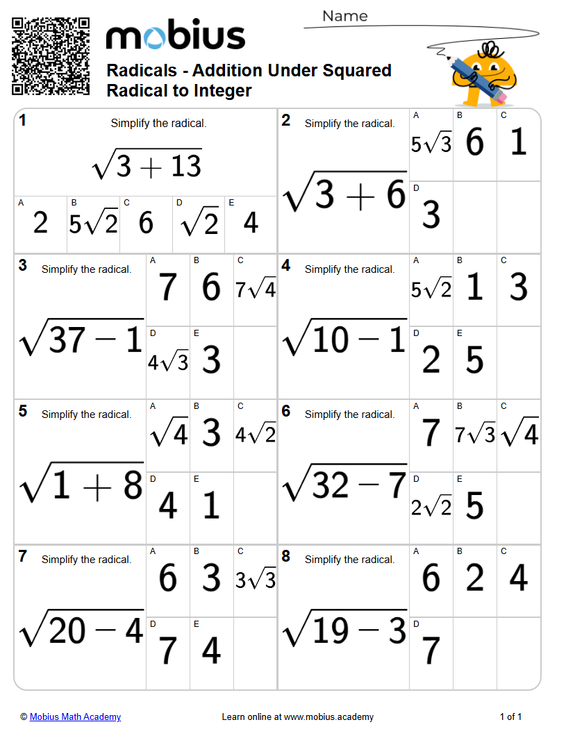 Addition Under Squared Radical to Integer (Level 1) | Radicals | Grades ...