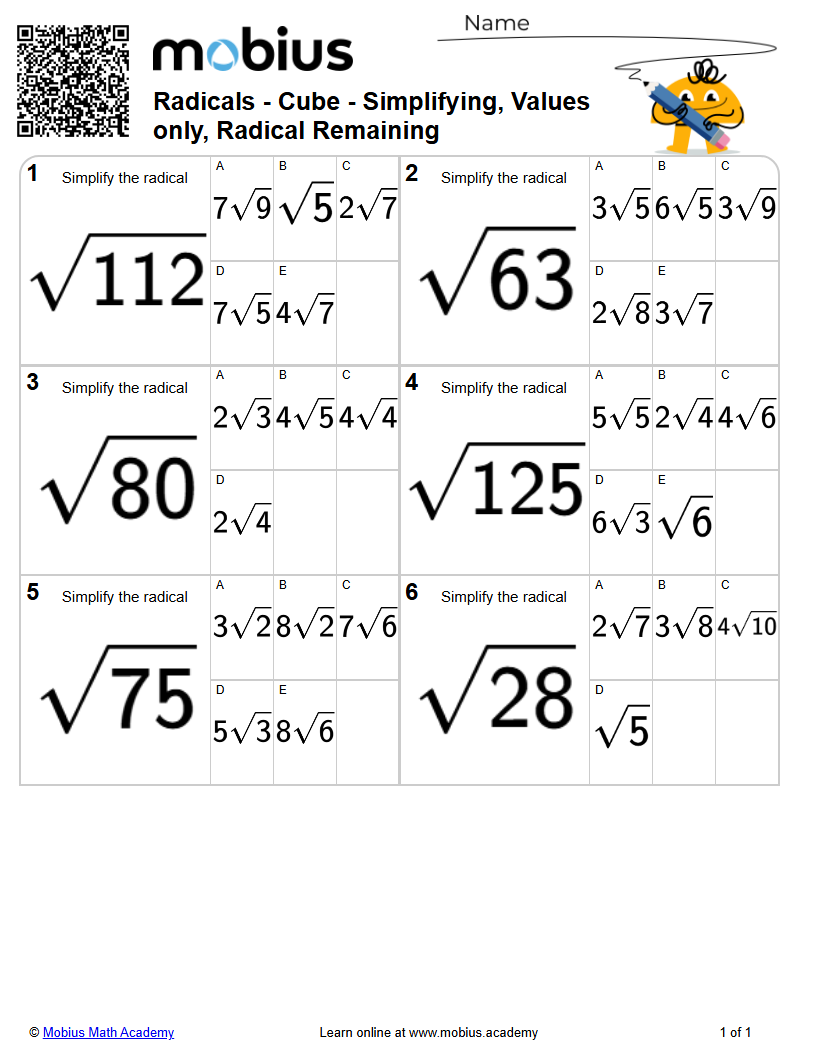 Radicals - Cube - Simplifying, Values only, Radical Remaining (Level 1 ...