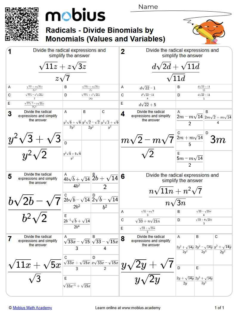 Divide Binomials by Monomials (Values and Variables) (Level 2 ...