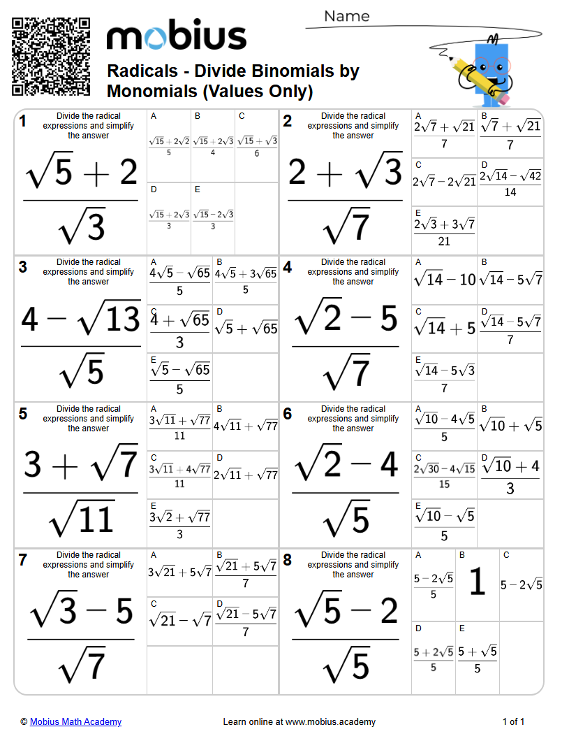 Radicals - Divide Binomials by Monomials (Values Only) (Level 1 ...