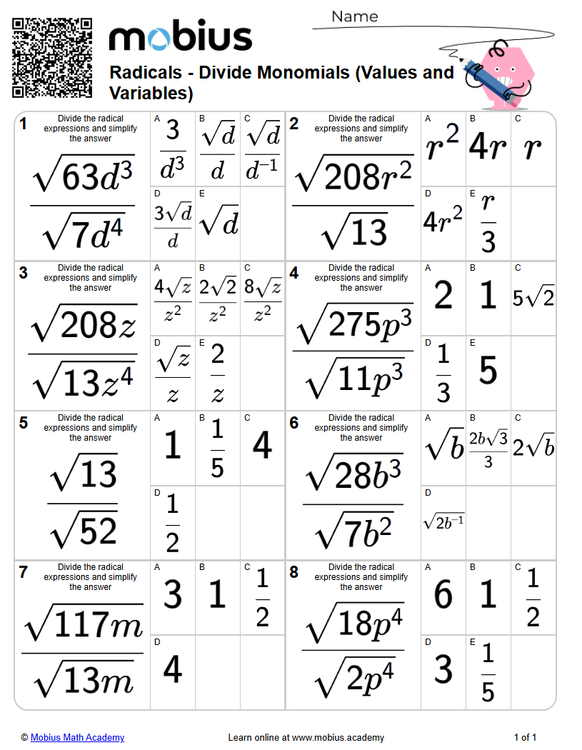 Radicals | Divide Monomials (Values and Variables) (Level 1) | Grade 12 ...