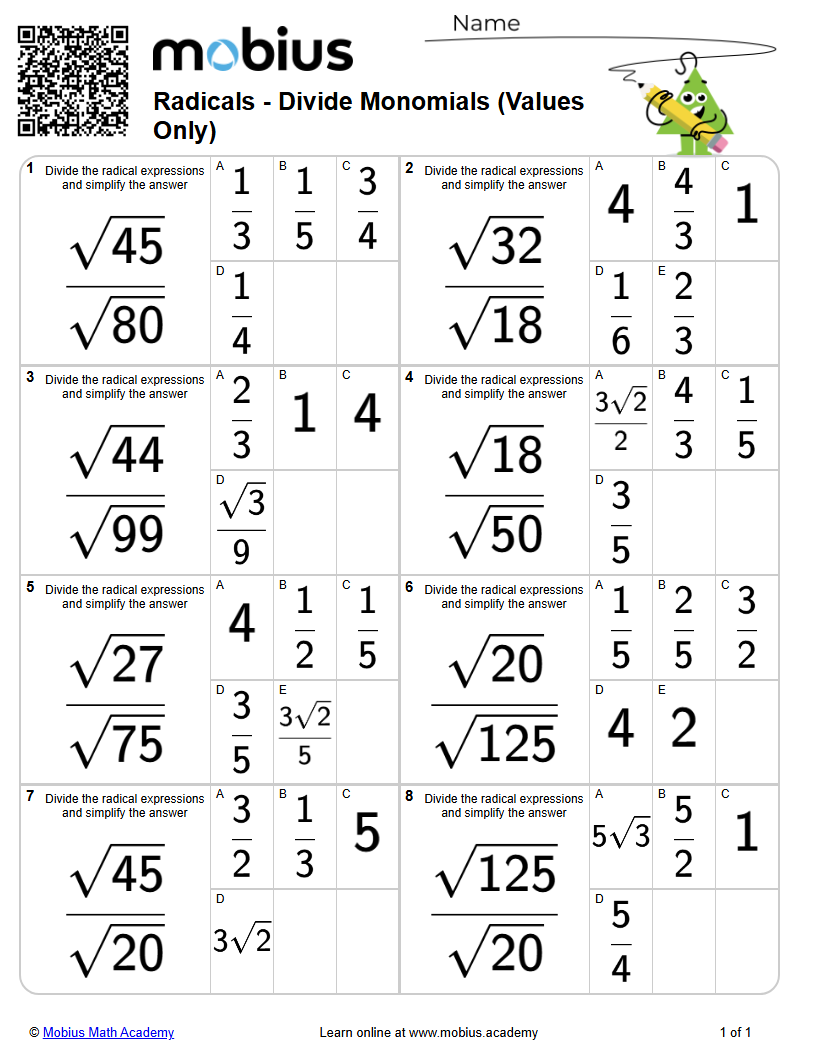 Radicals - Divide Monomials (Values Only) (Level 2) - Mobius Math Academy