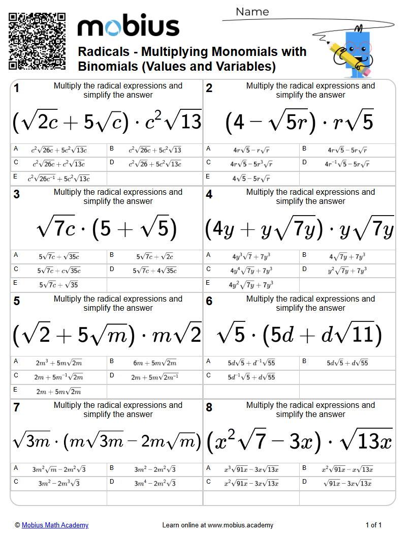 Radicals | Multiplying Monomials with Binomials (Values and Variables ...