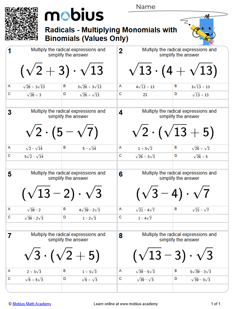 Radicals | Multiplying Monomials with Binomials (Values Only) (Level 1 ...