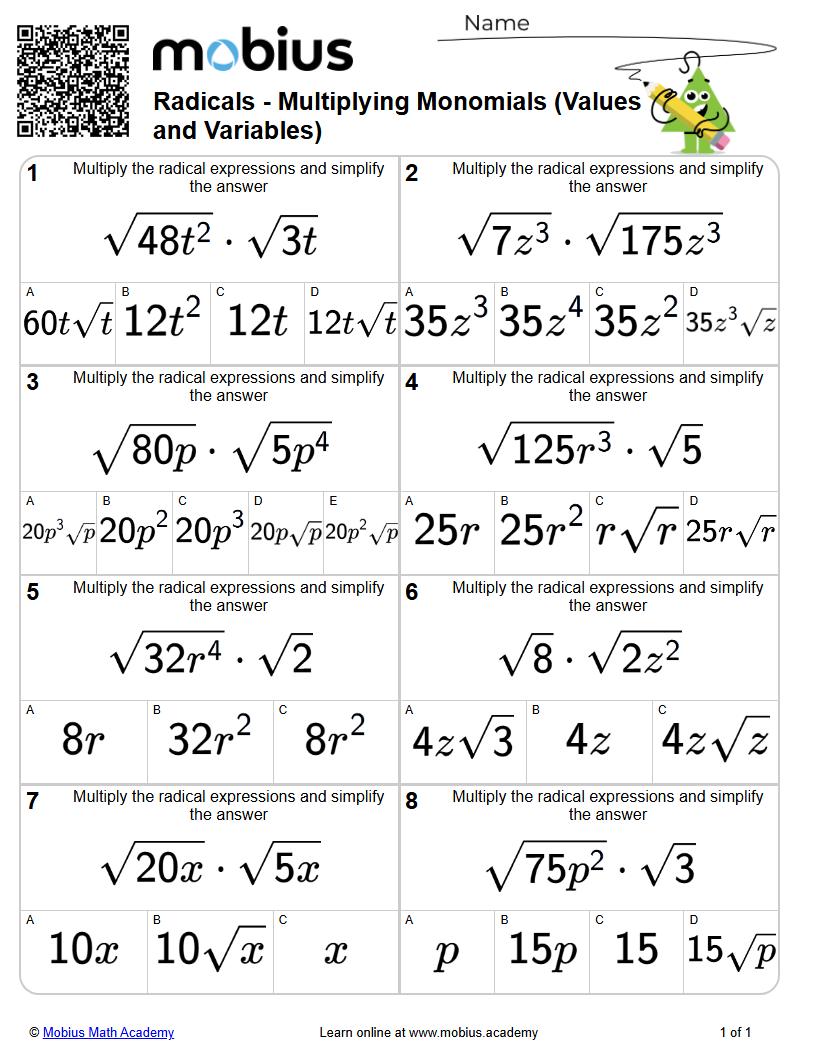 Radicals - Multiplying Monomials (Values and Variables) (Level 1 ...