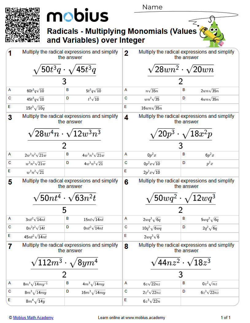 Radicals - Multiplying Monomials (Values and Variables) over Integer ...