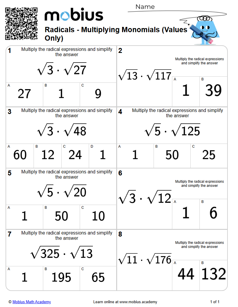 Radicals - Multiplying Monomials (Values Only) (Level 1) - Mobius Math ...