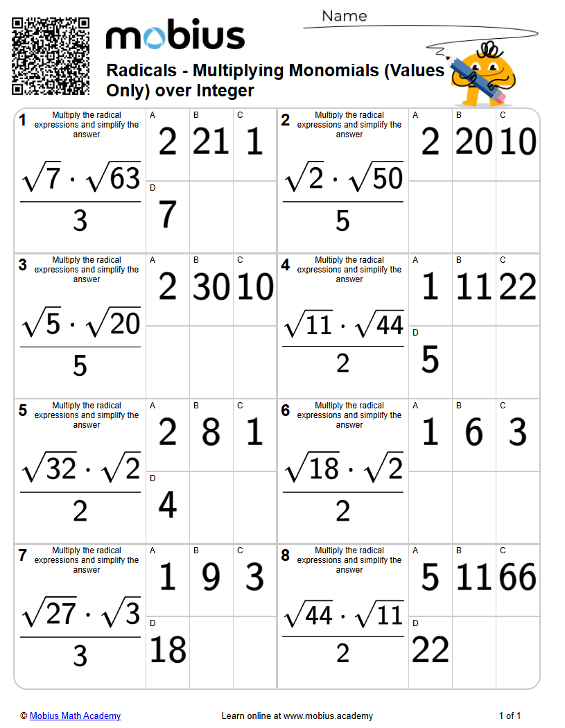 Radicals | Multiplying Monomials (Values Only) over Integer (Level 1 ...