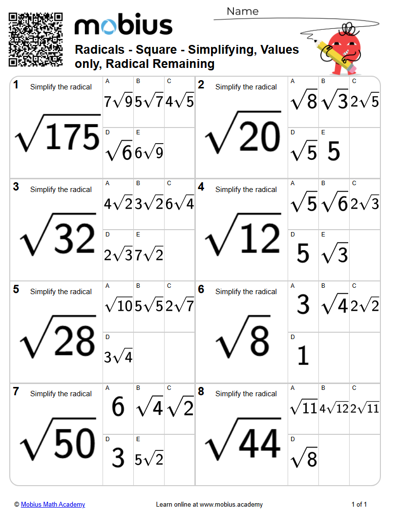 Radicals - Square - Simplifying, Values only, Radical Remaining (Level ...