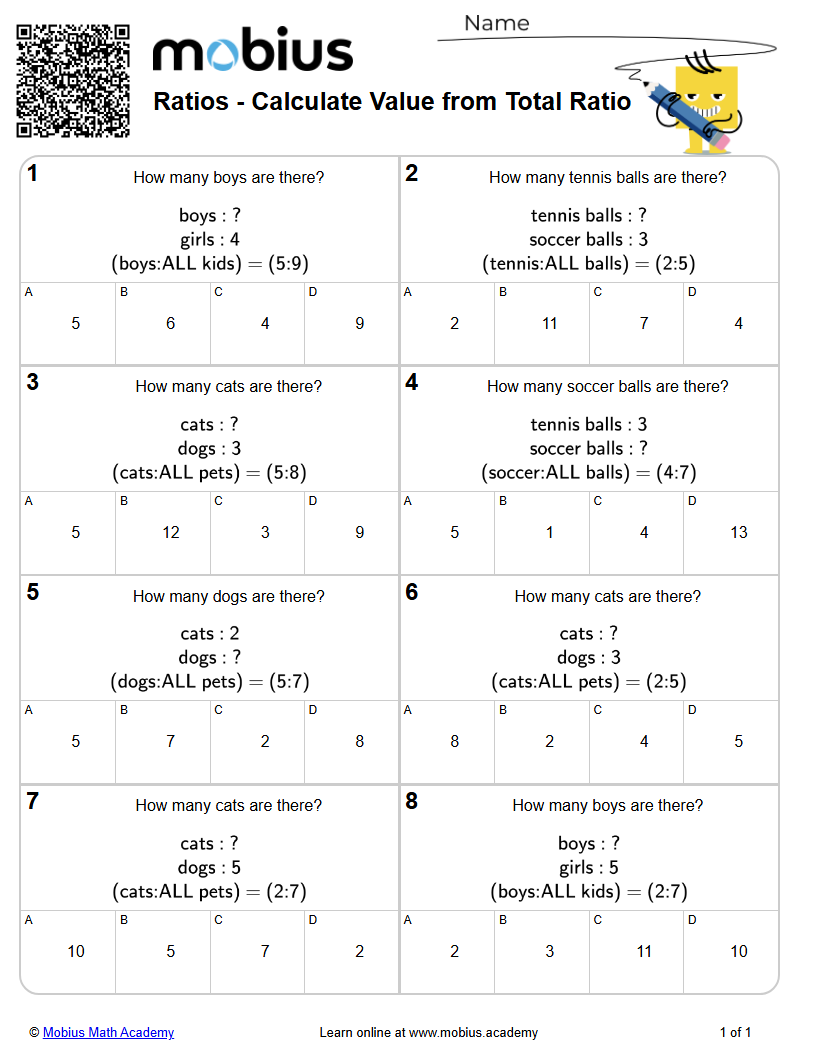 Ratios Calculate Value From Total Ratio Level 1 Mobius Math Academy