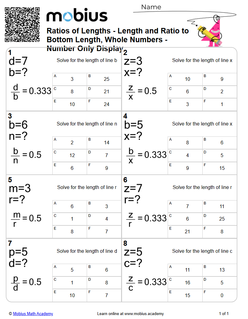 Ratios of Lengths - Length and Ratio to Bottom Length, Whole Numbers ...
