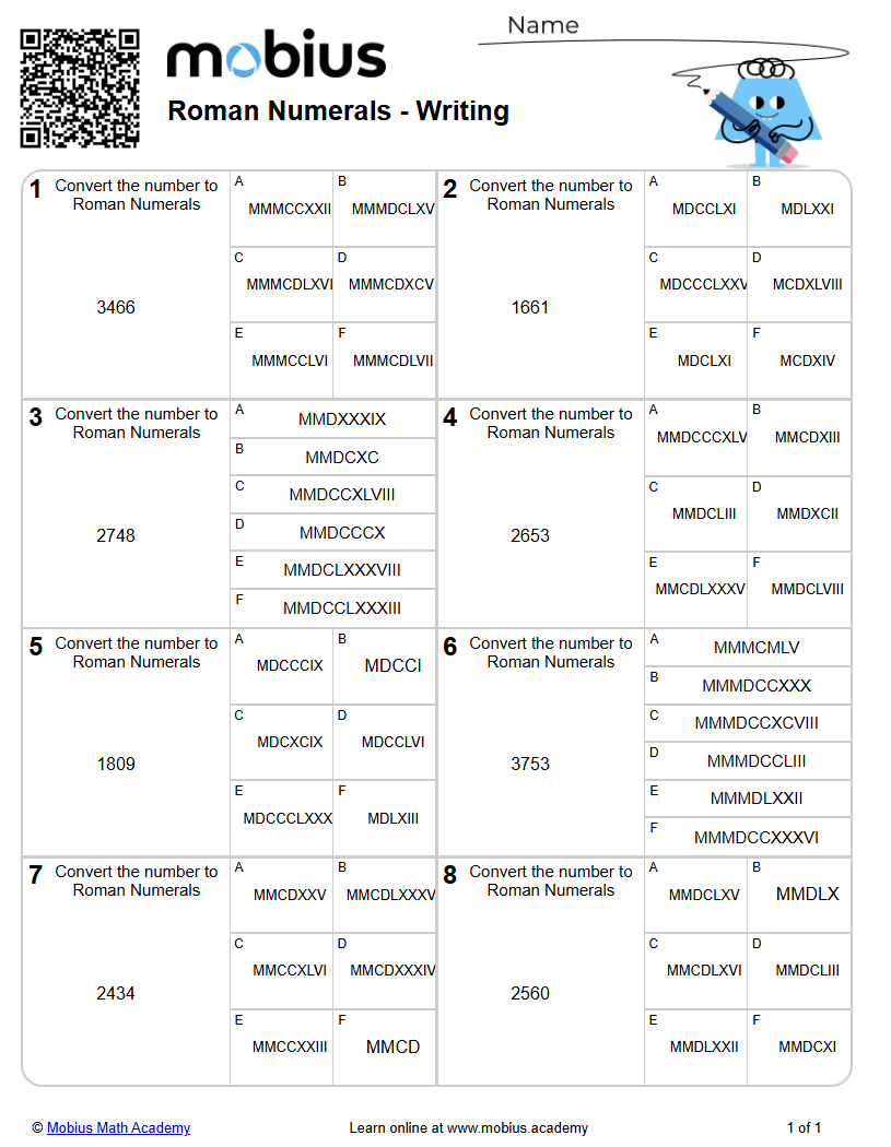 Roman Numerals - Writing | Level 6 | Grade 0 Math Worksheets - Mobius ...