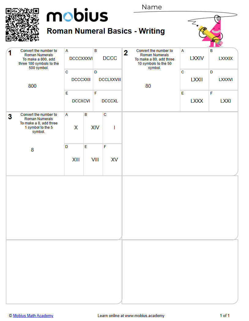 Roman Numeral Basics - Writing | Level 4 | Grade 0 Math Worksheets ...