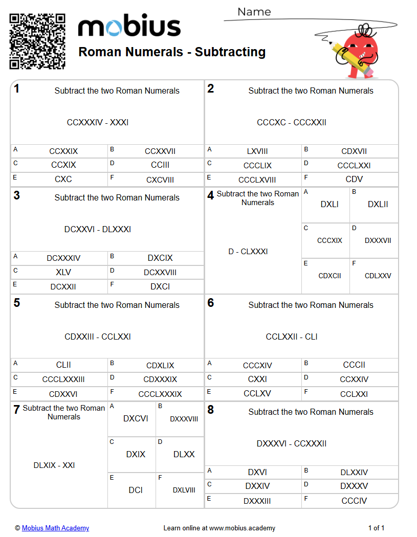 Roman Numerals - Subtracting (Level 5) - Mobius Math Academy