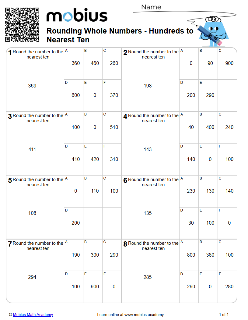 Rounding Whole Numbers - Hundreds to Nearest Ten (Level 1) - Mobius ...