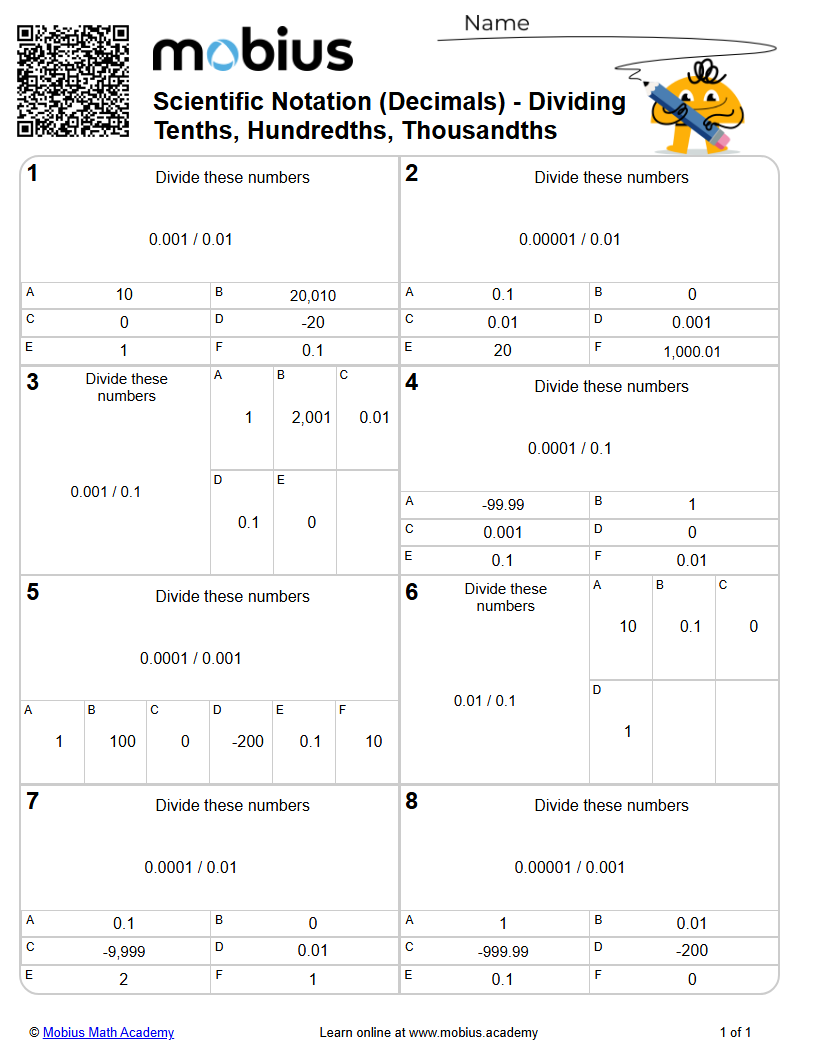 Scientific Notation (Decimals) - Dividing Tenths, Hundredths ...
