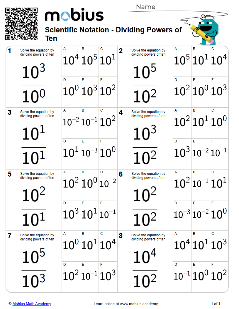 Scientific Notation - Dividing Powers of Ten (Level 1) - Mobius Math ...