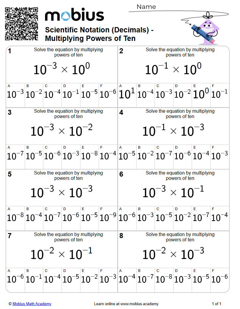 Scientific Notation (Decimals) - Multiplying Powers of Ten (Level 1 ...
