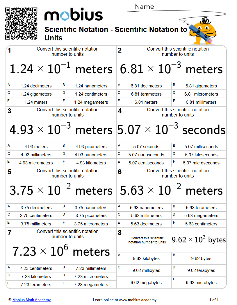 Scientific Notation - Scientific Notation to Units (Level 1) - Mobius ...